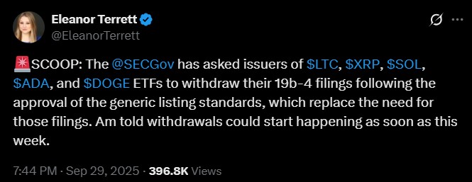 October Alert: SEC Crypto ETF Filing 19b-4 Withdrawal Issued